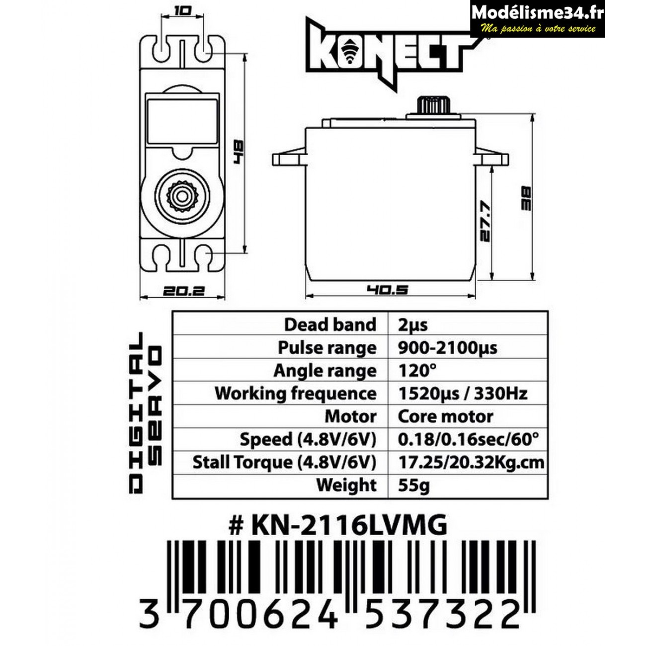 Servo Konect Digital 21kg-016s pignons métal : KN-2116LVMG